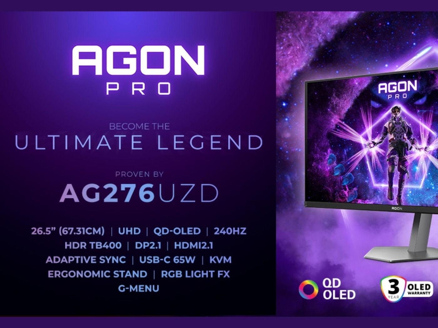 AOC lança monitor AGON Pro QD-OLED com resolução 4K e 240 Hz de taxa de ...